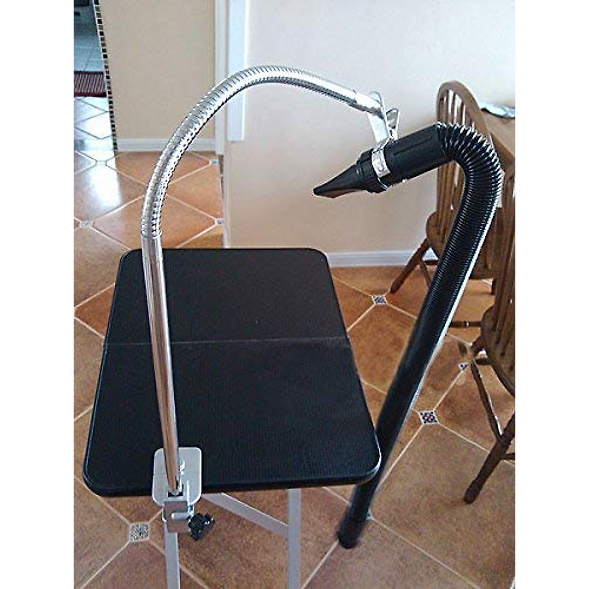 SudaTek Heavy Duty Dog Pet Grooming Table Hair Dryer Stand Hose Tube Holder Hands-Free Stainless Steel Groomers Adjustable Third Arm with Clamp