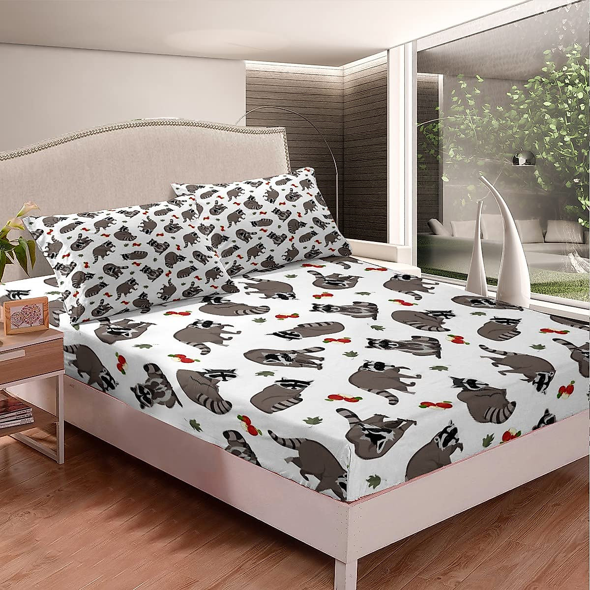 Feelyou Cute Raccoons Bedding Fitted Sheet Cartoon Raccoon Bed Sheet Set for Kids Boys Girls Lovely Fruits Leaves Decor Bedding Sheets Grey Animal Bed Cover with 2 Pillowcases 3Pcs Bedding Queen