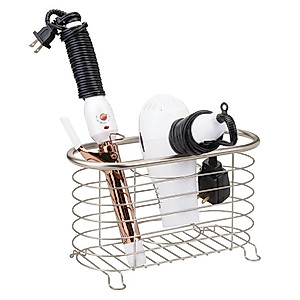 mDesign Metal Wire Hair Care & Styling Tool Organizer Holder Basket - Bathroom Vanity Countertop Storage Container for Hair Dryer, Flat Irons, Curling Wands, Hair Straighteners - Satin