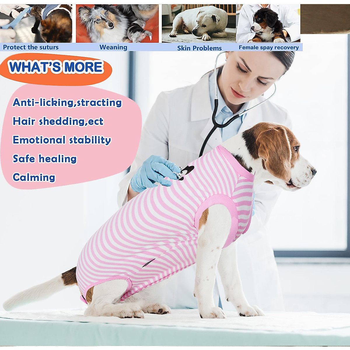 Wabdhaly Dog Surgery Recovery Suit for Female Spay,Surgical Suit for Large Female Dogs,Soft Combed Cotton,Striped Pink Zipper Onesie L