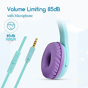 Olyre Kids Headphones with MIC for School, 85dB Safe Volume Limited Light Up Cat Ear Headphones,Wired Cord On-Ear Headphones for Children/Boys/Girls/Travel-Green/Purple
