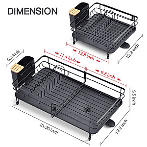 TOOLF Expandable Dish Drying Rack, Adjustable Dish Rack, Foldable Dish Drying Rack with Removable Cutlery Holder Swivel Drainage Spout, Anti-Rust Plate Rack for Kitchen, 1 Piece, Black