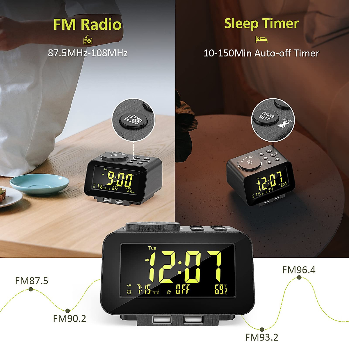 uscce Alarm Clock Radio for Bedroom - 0-100% Dimmer, 2 USB Chargers, Dual Alarm with Weekday/Weekend Mode, FM Radio w/Auto-Off Timer, Battery Backup, Loud Alarm Clock for Heavy Sleeper(Wood Grain)