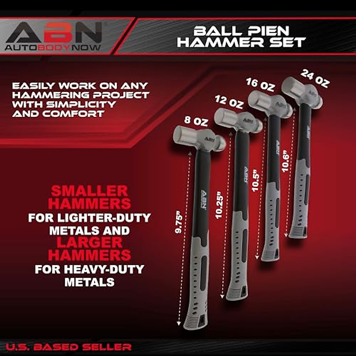 ABN Ball Pein Hammer 4-pc Set – 8, 12, 16, 24 oz Ounce – Fiberglass & Carbon Steel for Metal Rivet, Chisel, Punch