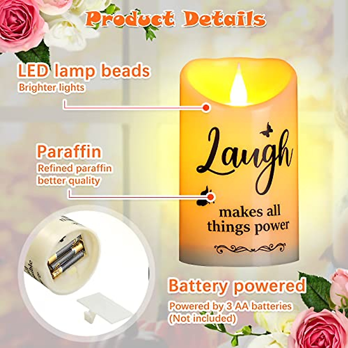 2 Pieces Inspirational Flameless LED Candles with Remote, Battery Operated Plastic Warm Light Christian Spiritual Gifts for Women Men with Live Love Laugh Faith Home Thanksgiving Religious Decor