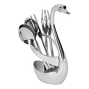 Stainless Steel Flatware Set Dessert Cutlery Set Includes Swan Tableware Storage Rack Base 3 Forks+3 Spoons Silver Flatware Set for Kitchen and Restaurant Silverware Modern Silver Holder