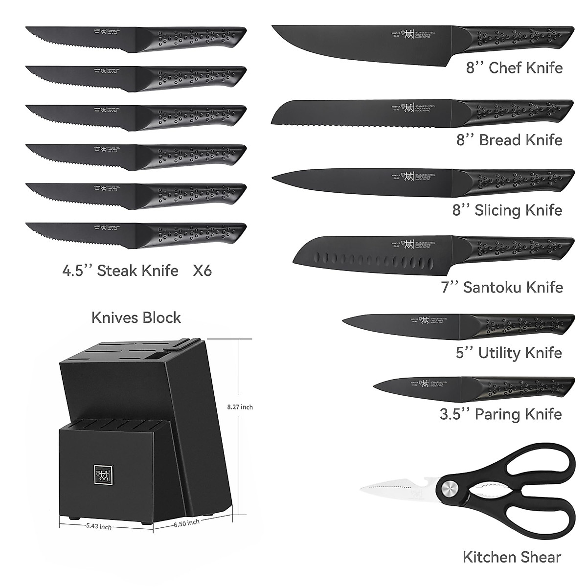 HUNTER.DUAL Knife Sets for Kitchen with Block, HUNTER.DUAL 15 Piece Knife Set with Built-in Sharpener, Dishwasher Safe, German Stainless Steel, Elegant Black