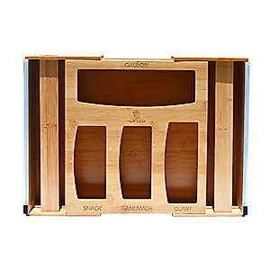 Expandable Bamboo Ziplock Bag Organizer, Drawer Organizer, Slide Cutters for Aluminum Foil and Plastic Wrap, Sandwich and Freezer Bags