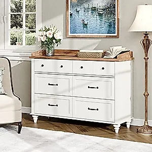 WAMPAT Dresser for Bedroom with 6 Drawers, White Kids Dressers with Wide Chest of Drawers, Mid Century Modern Wooden Closet Storage Organizer for Living Room, Nursery, Hallway