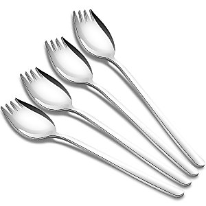 tiokin Sporks,4-Pack Salad Forks 18/10 Stainless Steel 7.4 Inches Long Handle Dessert Spoons Ice Cream Spoons Flatware Set Reusable Fruit Appetizer Dessert Forks for Household Use or Camping