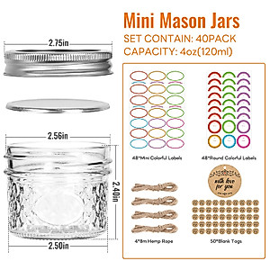 TOEKSIX Mini Mason Jars 4 oz 40 Pack, Regular Mouth Mason Jar with Lids and Seal Bands, Small Glass Canning Jar for Spice, Jam, Honey, Jelly, Dessert, Shower Wedding Favors, DIY Candles Decor