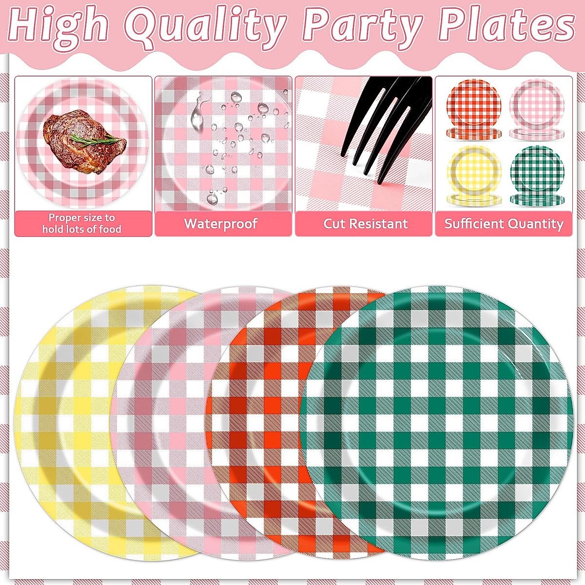 Lonfliness 48Pcs Camp Gingham Paper Plates 7Inch Gingham Checkered Bachelorette Party Supplies Glamping Birthday Tableware Dinnerware Set Summer Plaid Camping Themed Party Favors Baby Bridal Shower