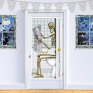 Beistle Skeleton Restroom Door Covers, 5’ x 30”, 2 Pieces – Spooky Halloween Party Decor - Bone Chilling Design – Easily Display – Plastic for Indoor & Outdoor Use - Bathroom Accessories