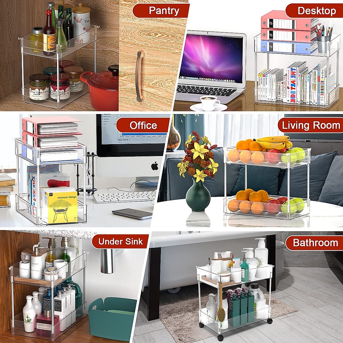 Under Sink Organizer, 2 Tier Thicken Bathroom Under Sink Organizers and Storage with Wheel Hook, Strong Bath Kitchen Home Countertop Cabinet Standing Rack, Narrow Space Collection Basket, Clear Shelf