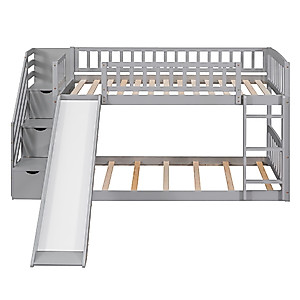 CITYLIGHT Twin Over Twin Bunk Bed with Slide and Stairs, Wooden Low Bunk Bed with Storage Stairs,Kids Bunk Bed with Slide for Girls Boys,No Box Spring Needed, Grey