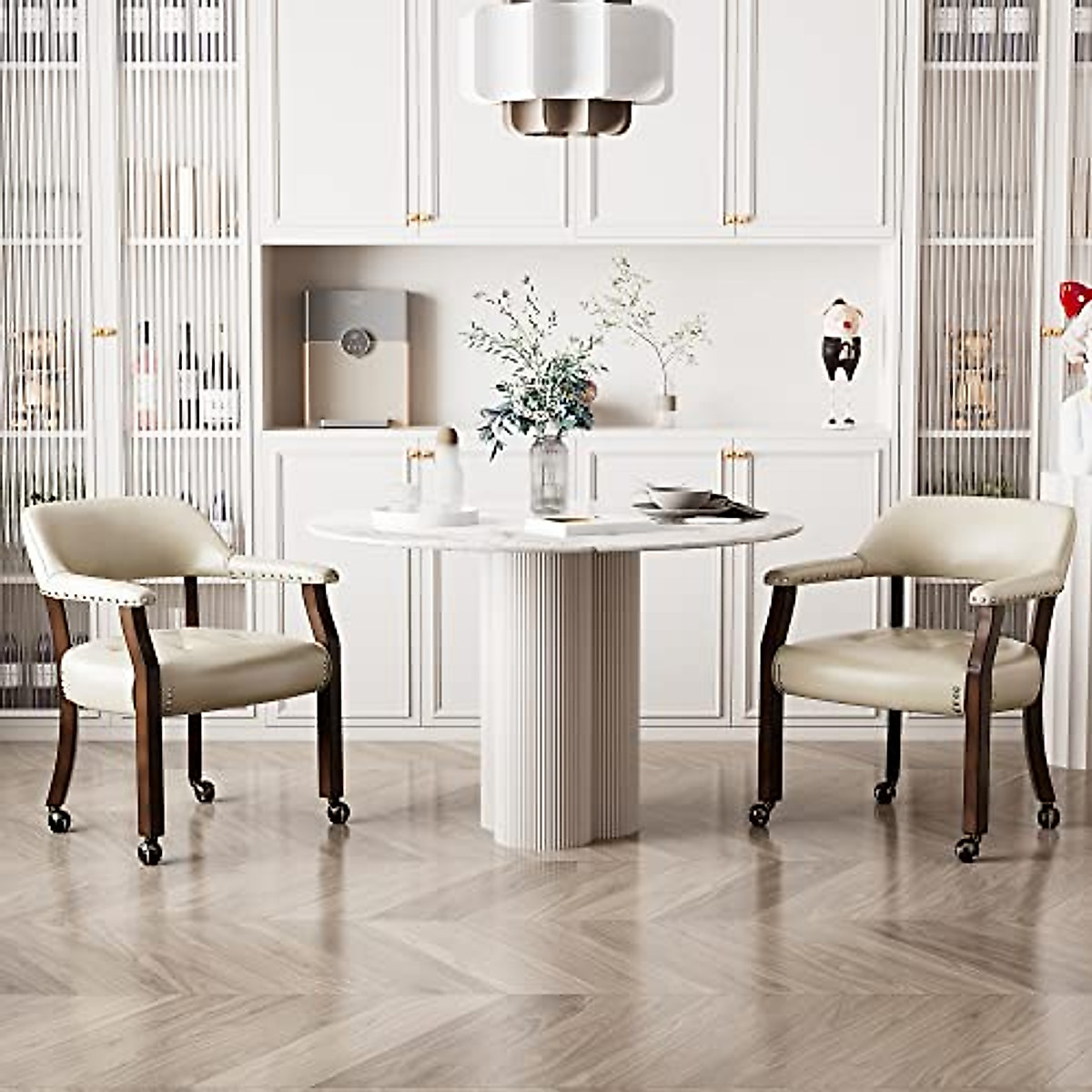 LEEMTORIG Dining Chairs with Casters and Arms, Faux Leather Accent Kitchen Table Chairs with Wheels, Roller Poker Table Chair, Wooden Captains Chair, Espresso Legs & Beige, XXY-1910-BG