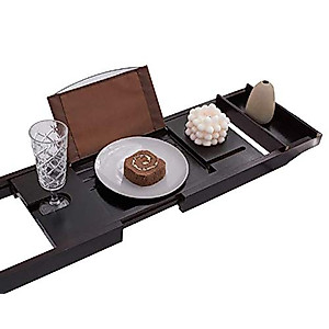 GEZITREND Luxury Bamboo Bathtub Caddy Tray Bathroom Furniture Expandable and Nonslip Bath Caddy with Book/Tablet and Wine Glass Holder Free Soap Holder Great Gift (White)