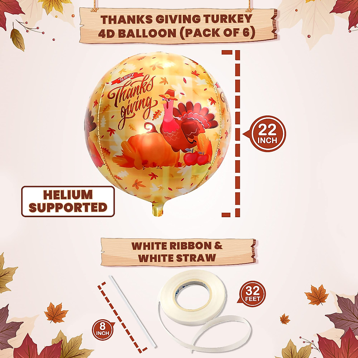 KatchOn, Thanksgiving Turkey Balloons - Large 22 Inch, Pack of 6 | Happy Thanksgiving Balloons - Large 27 Inch, Pack of 6 | Thanksgiving Balloon Garland Kit, Fall Balloons | Fall Decorations