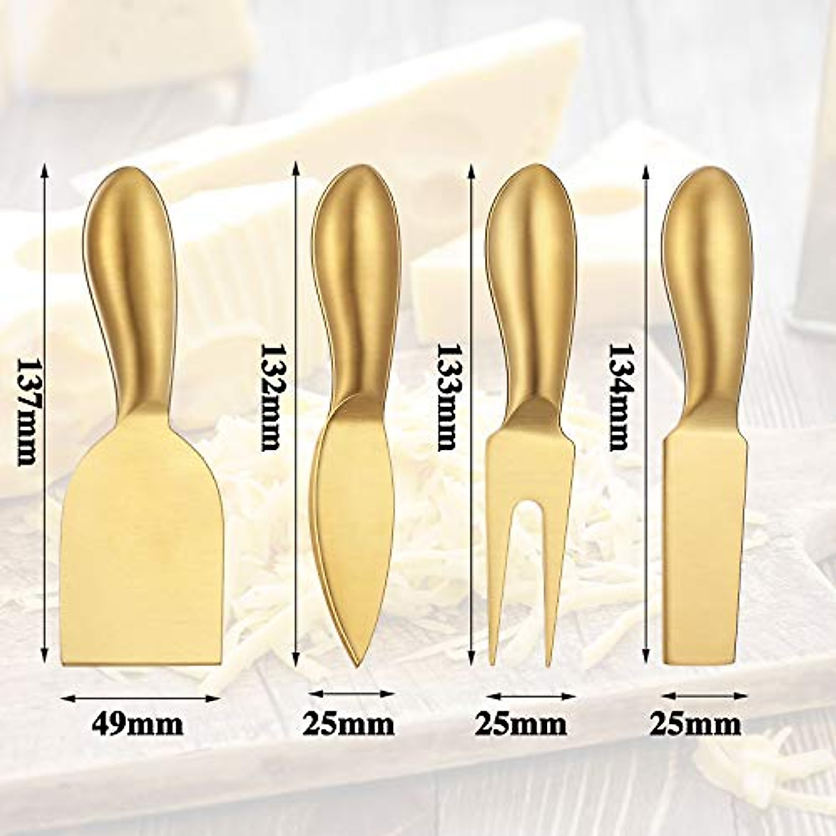 Patelai 4 Pieces Stainless Steel Cheese Knives Set, Cheese Tools with Cheese Slicer and Cheese Cutters for Kitchen (Gold)