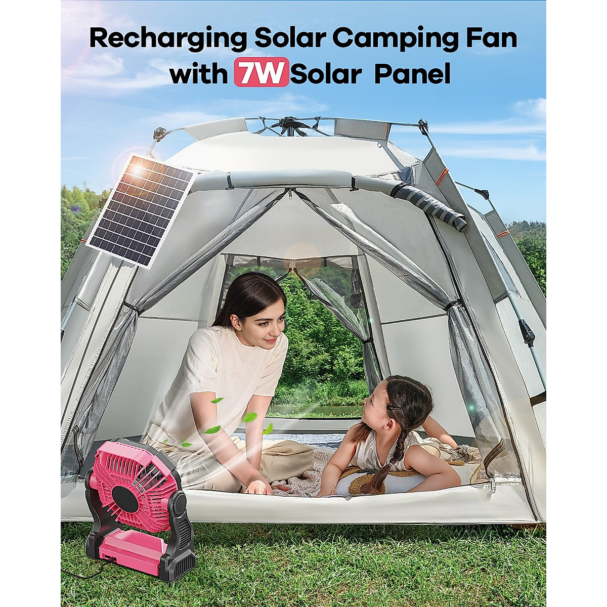 Art In Real 10400mAh Solar Powered Fan, Portable Solar Fan with LED Lantern, Camping Fan with 7W Solar Panel, Stepless Speed Battery Powered Fan for Travel, Camping,Office,Outdoor＆Indoor(Pink)