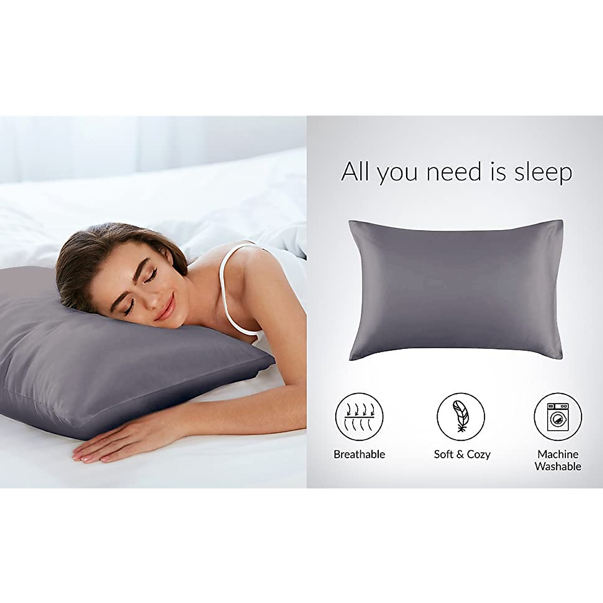 MOLIER. LU Satin Pillowcase Set of 2 Bed Pillowcases with Envelope Closure Slip Pillowcase Cover for Hair and Skin Cooling Pillowcase (20x30 Inches) Queen Deep Grey