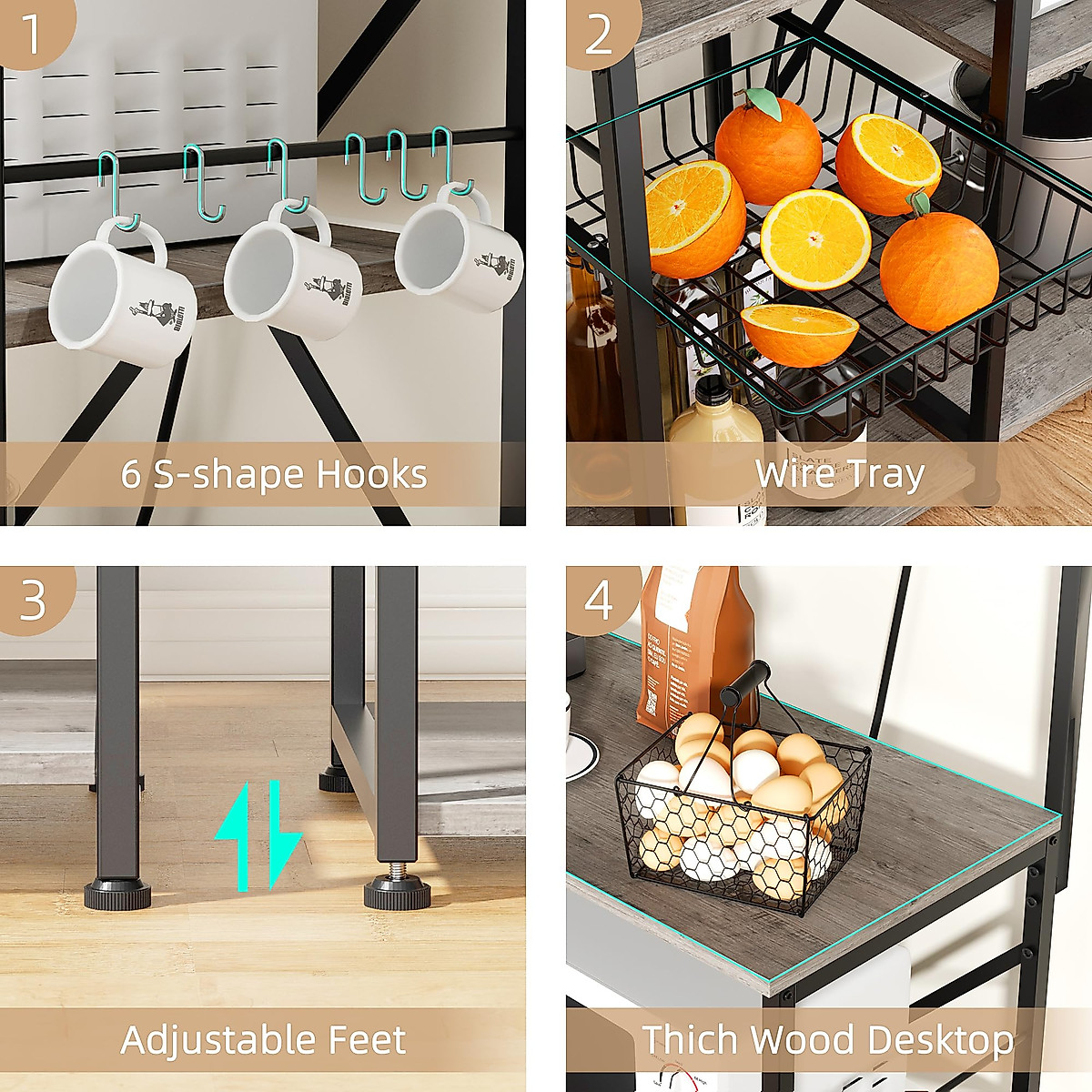 JAMFLY Bakers Rack with Power Outlet, Microwave Stand, kitchen Storage Shelf with 6 Hooks, Coffee Bar Station with Wire Basket, 6 Tier Kitchen Rack for Living Room, Spice, Pots and Pans Organizer