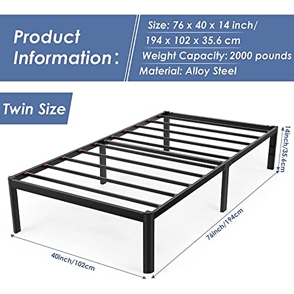 Devo Twin Bed Frame 14 Inch Heavy Duty Metal Platform Beds No Box Spring Needed with Sturdy Steal Slats Mattress Foundation Support Up to 2000 lbs,Easy Assembly, Noise Free,76x40inch, Black