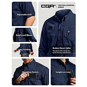 CQR Men's Long Sleeve Tactical Shirts, Ripstop Military Work Shirts, UPF 50+ Breathable Button Down Outdoor Hiking Shirt, Officer Work Shirts Dark Midnight Navy, Large