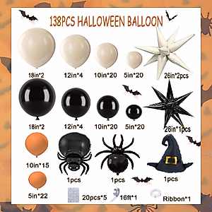 Halloween Balloon Garland Arch Kit with Spider Witch Hat Shaped Black and Milk White Exploding Star Foil Balloon Black Orange Sand White Balloons for Halloween Birthday Party Decorations