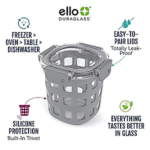 Ello DuraGlass Rounds Glass Food Storage Containers - Meal Prep Bowls with Silicone Sleeve and Airtight Lids, 3 Cup, Gray