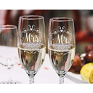 Mr Mrs Wedding Reception Celebration Twisty Stem Champagne Glasses Set of 2 Couples Newlywed Married Groom Bride Husband Wife Anniversary Engraved CLEAR Flute Glass Favors (Personalized)