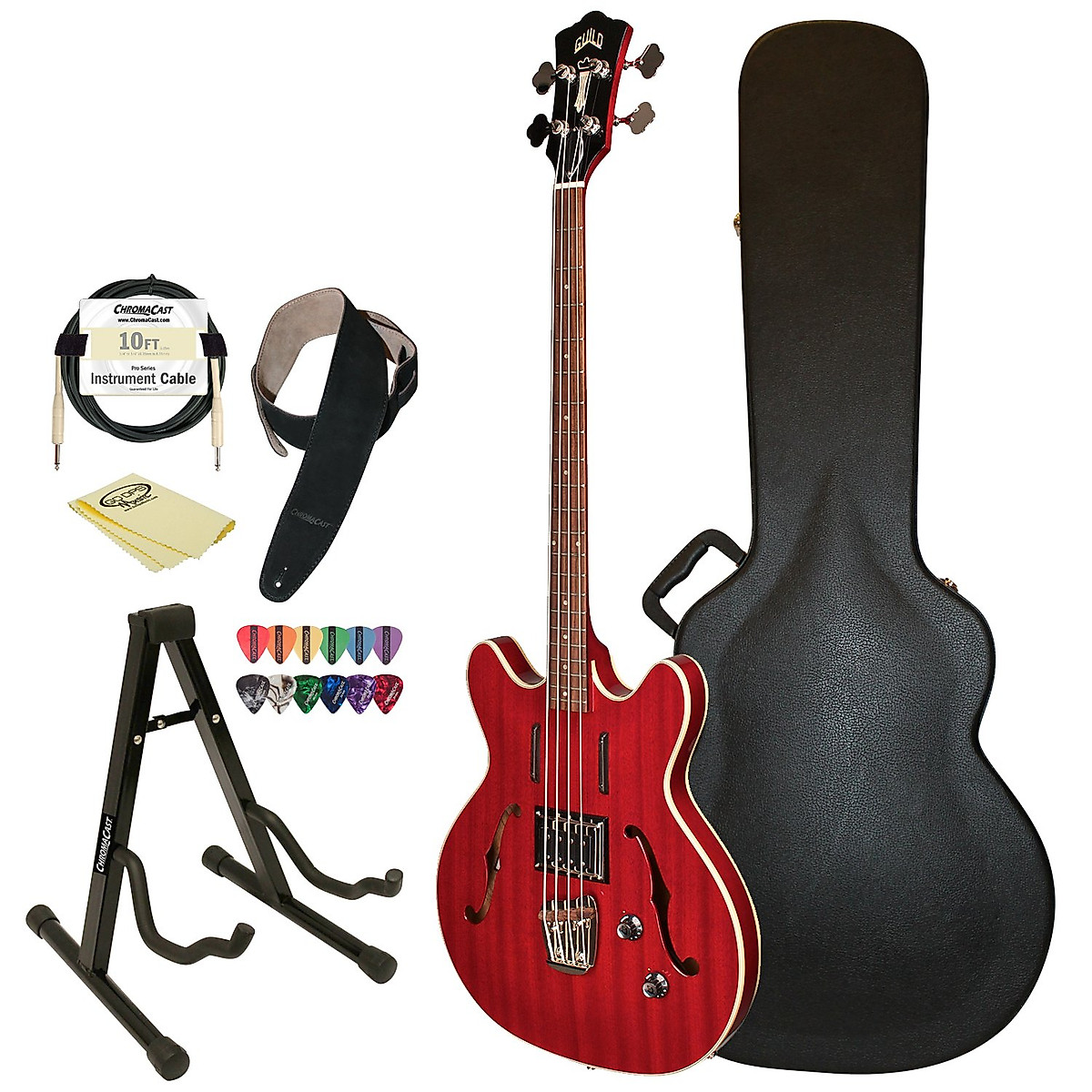 Guild Starfire Bass CHR Semi-Hollow Electric Bass Guitar, Cherry Red, Guild Hard Case, Cable, Strap, Picks, Stand and Polish Cloth