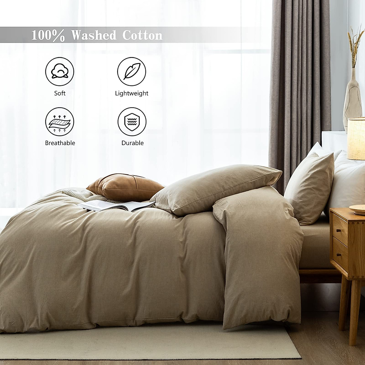 TIPTOE BEAR King Duvet Cover Set- 100% Washed Cotton 3 Pcs Soft Comfy Breathable Chic Linen Feel Bedding, 1 Duvet Cover and 2 Pillow Shams, Beige