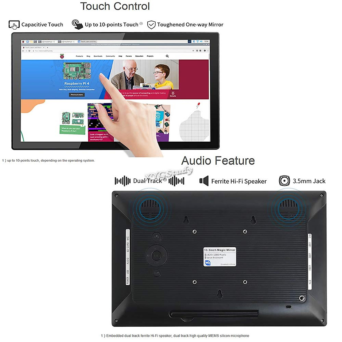 XYGStudy 13.3 inch IPS Display Monitor Capacitive Touch Control Panel Magic Mirror Screen Resolution 1920x1080 Voice Assistant with Raspberry Pi 3 A+ Inside Mini Computer Showing News Weather Time