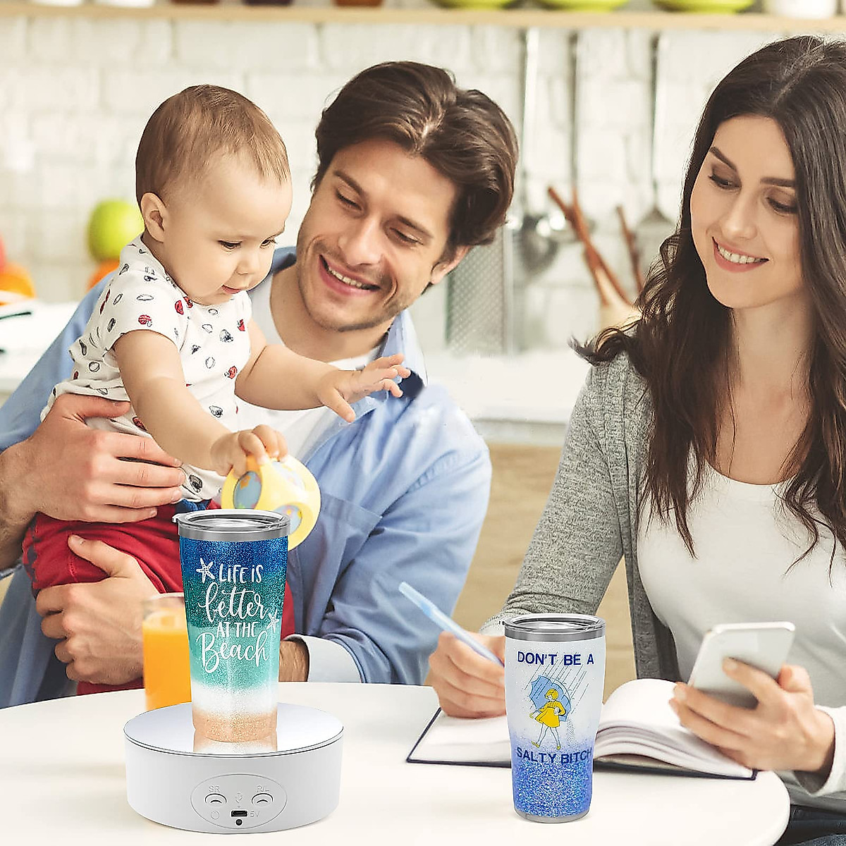 Riomh Cup Turner Rotating Display Stand for Tumblers, 360 Degree Automatic Mute Spin Turntable for Photography Display, Shooting Videos, Figures and Collections (White)