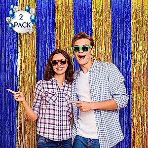 LOLStar 2 Pack Navy Blue and Gold Party Decorations, 3.3x6.6 ft Foil Fringe Curtains, Tinsel Backdrop, Graduation Photo Booth Prop Streamer Backdrop for Birthdays, Showers, Retirement, Graduations