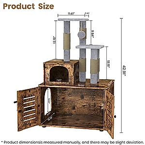Recaceik Cat Litter Box Enclosure with Cat Tree, Hidden Cat Washroom Furniture with Divider, Wooden Cat House with Platform, Scratching Post and Soft Plush Perch, Indoor Pet Cabinet,Rustic Brown
