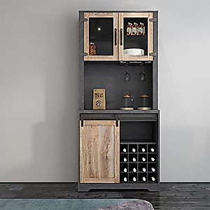 Holaki Wine Bar Cabinet,Kitchen Hutch Storage Cabinet with Sliding Barn Door and Shelves,Farmhouse Sideboard and Buffet Cabinet with Wine Rack,Coffee Bar Cabinet for Living,Dining Room,Kitchen(Black)
