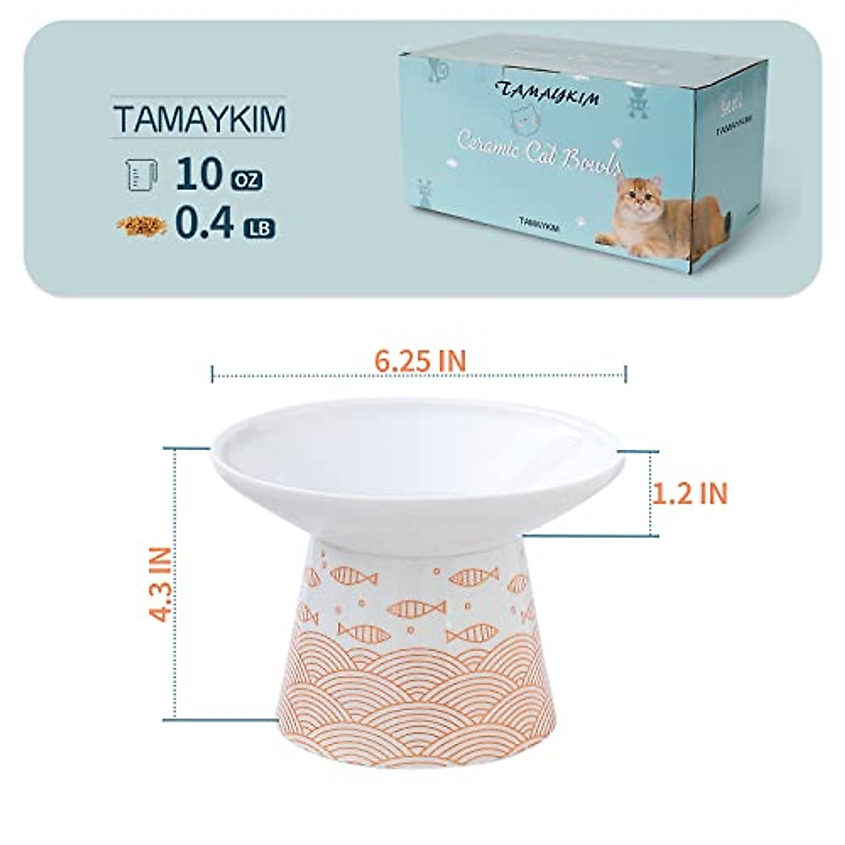 6.25 Inch Extra Wide Raised Ceramic Cat Bowls, Round Food and Water Bowls for Elder Big Cats and Small Dogs, Elevated Heavy Sturdy Base Pet Feeder Dish, Stress Free, Protect Cat's Spine, Set of 2