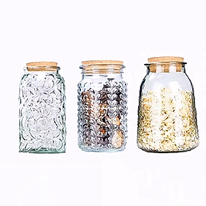 Piscepio Canister Glass Jars with Cork Lids Set of 3 in 38oz, 41oz & 56oz, Embossed wooden Stopper Glass Containers, Retro Design Decorative Kitchen Counter, Pantry Jars for Candy Cookie Food Storage
