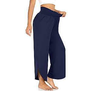 TARSE Womens Wide Leg Yoga Pants Cross High Waisted Capris Plus Size Palazzo Split Leg Trousers Casual Flared Sweatpants with Pockets (Navy,XL)