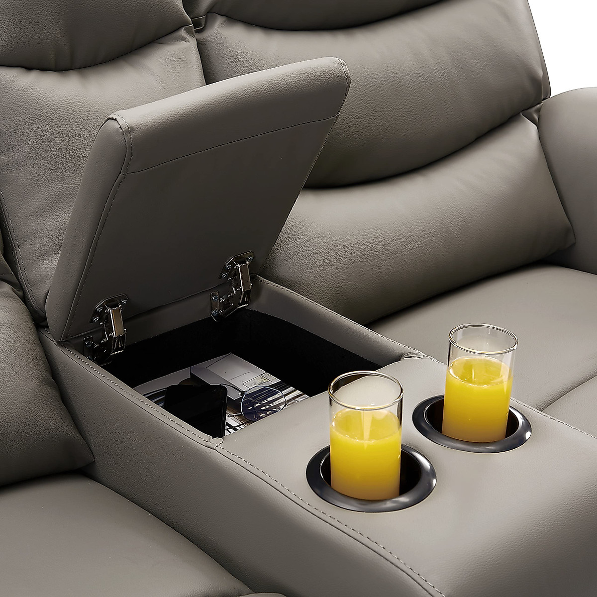 Eafurn Faxu Leather Love, Manual Double Reclining Loveseat Sofa, Home Theater Seating with Storage Console, Wall Hug RV Couch with Cup Holders for Living Room Furniture Sets, Grey