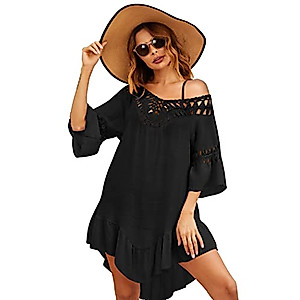 Ekouaer Swimwear Coverups for Women Cute Pleated Beach Wear Dress Womens Crochet V Neck Bikini Cover-Ups