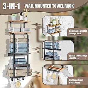 ATSKIM Wall Mounted Towel Rack for Rolled Towel, 2-Tier Detachable Wooden Shelf Bath Towel Organizer and Storage for Small Bathroom, Towel Holder for Bathroom Wall with Middle Partition (Black)