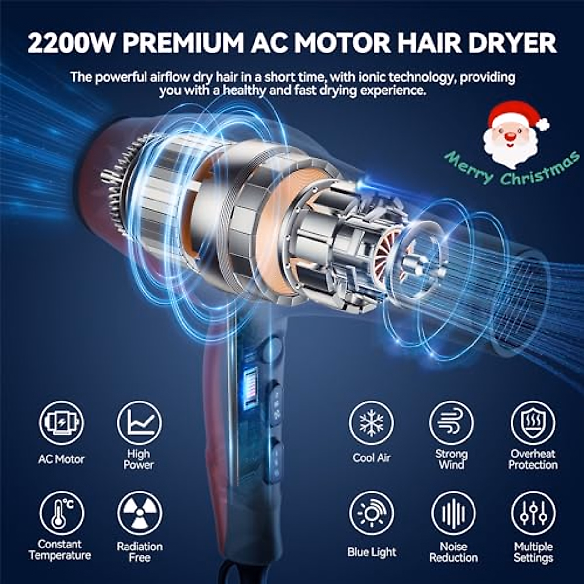 WADODO Hair Dryer, 2200W Professional Ionic Blow Dryer with Blue Ray Hair Care, Powerful Salon Fast Drying Constant Temperature Low Noise AC Motor Curly Hairdryer Blowdryer for Women Men(Black & Red)