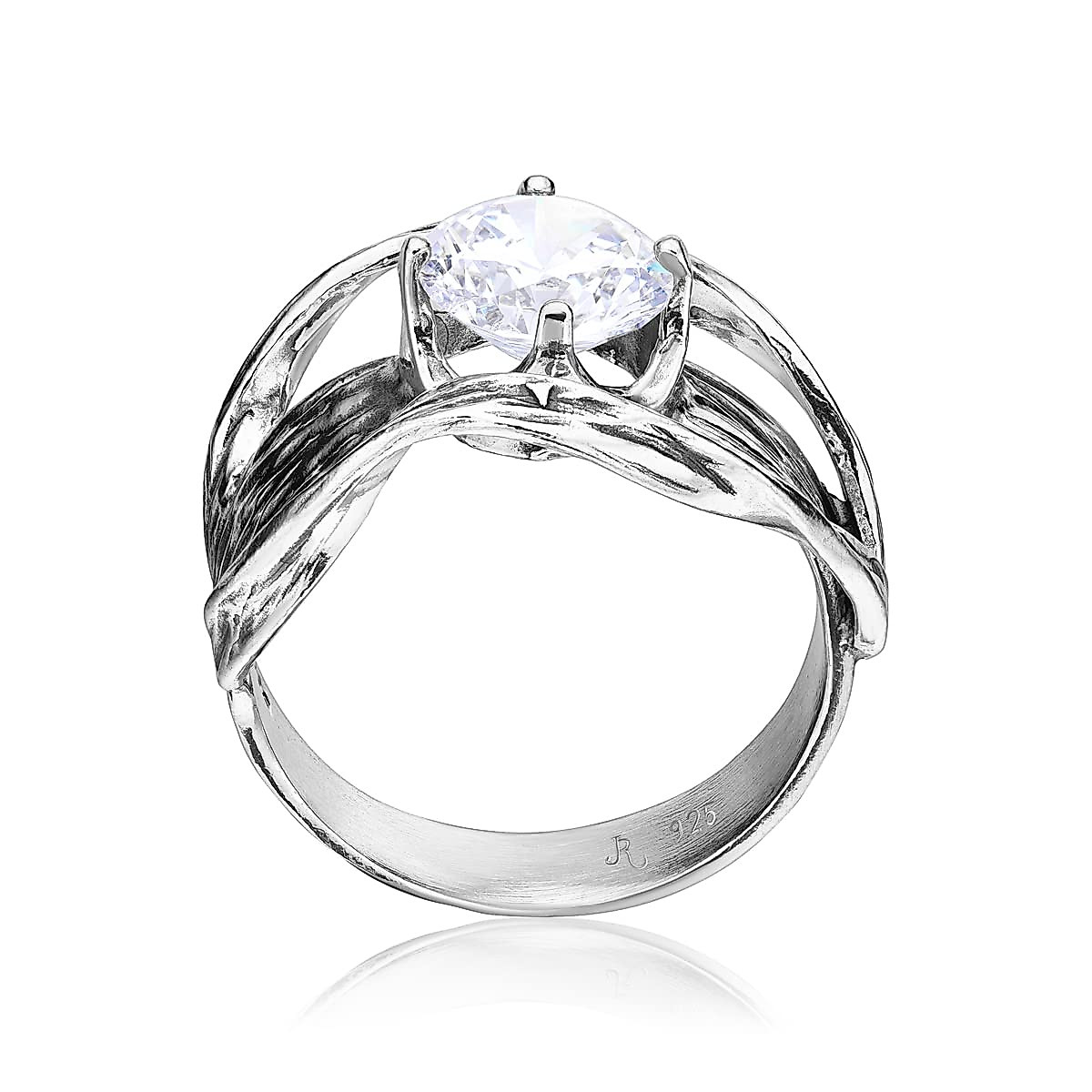 JEAN RACHEL JEWELRY 925 Sterling Silver Ring With White Round Cubic Zirconia Prong, Vintage Antique Look, Hypoallergenic, Nickel and Lead-free, Artisan Handcrafted Designer collection, Made In Israel