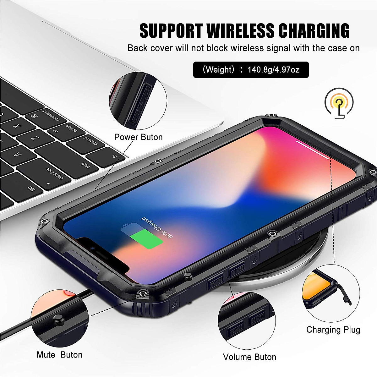 Mitywah Waterproof Case for iPhone 11, Heavy Duty Durable Metal Full Body Protective Case Built-in Screen Protection Waterproof Shockproof Dustproof Rugged Military Grade Defender, Black