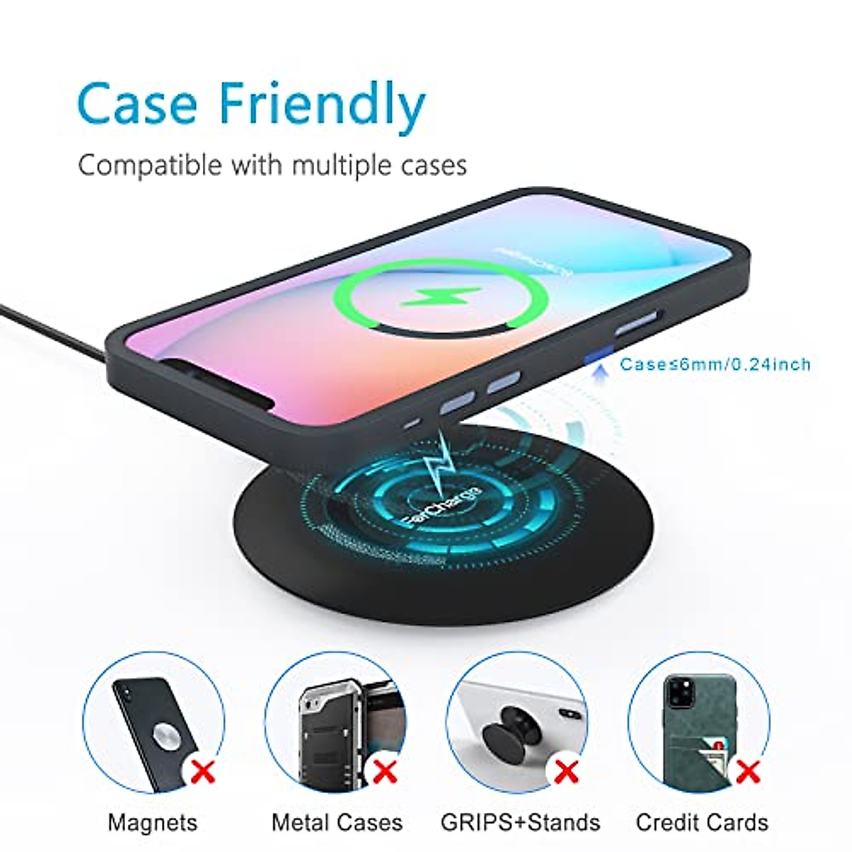 Slim Wireless Charger, 15W Fast Wireless Charging Pad Compatible with iPhone 14/13/12/12 Pro Max/12 Mini/11/XR/X/8 Plus, Samsung Galaxy S21/S20 Ultra/S10/S9/Note 10, Pixel 7/6 Pro/5/4 XL (No Adapter)