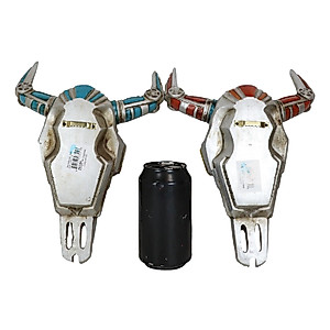 Ebros Gift Set of 2 Red and Blue Western Robotic Cyborg Horned Cow Skull 10" H Wall Decor Sculptures Wildlife Bisons Bulls Spirit Totem Accent Sculpture