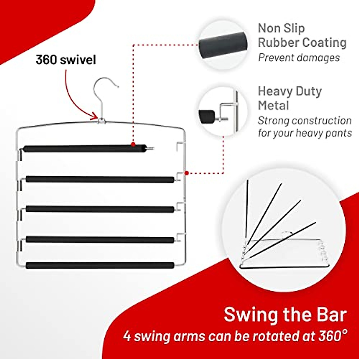 5 Tier Pant Hangers Non Slip with Foam (3PK) Space Saving Pant Hangers for Men and Women Jeans Pant Hangers for Closet Pants Multi Hangers Pants Racks for Hanging Metal Pants